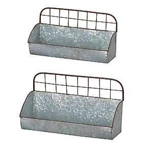 Barnyard Designs Galvanized Metal Rustic Farmhouse Wall Hanging Storage Caddy Holder Organizers, Tin Wall Shelves, Large: 16.5” x 6” x 9.5”, Small: 15.25” x 5” x 8”, Set of 2