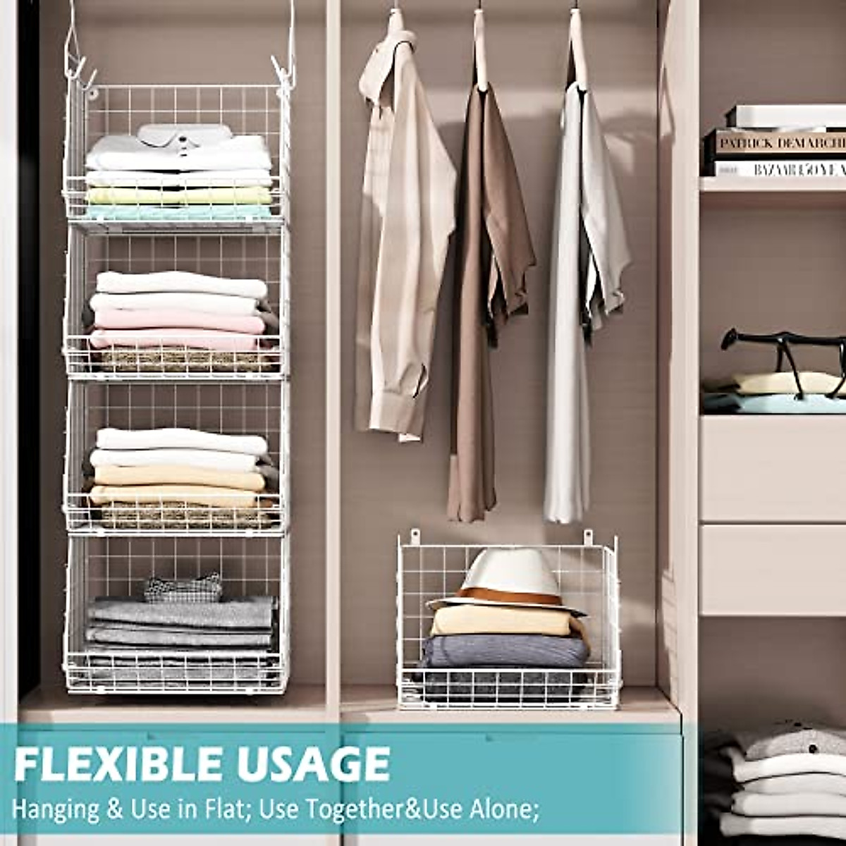 5 Tier Closet Hanging Organizer, Clothes Hanging Shelves with 4 Hanging Hooks 5 S Hooks, Wire Storage Basket Bins, for Clothing Sweaters Shoes Handbags Clutches Accessories Patent Design-White