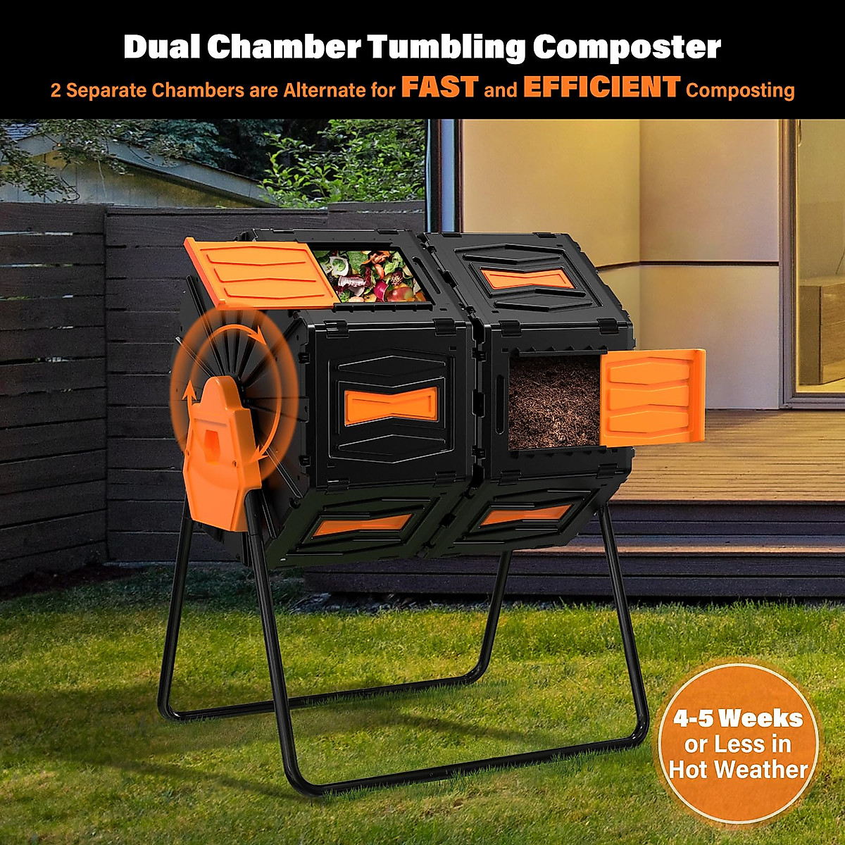 Compost Tumbler, Easy Assemble & Efficient Outdoor Compost Bin, 45 Gallon/170 Liter Large Dual Chamber Rotating Composter for Garden, Kitchen, and Yard Waste, Orange Door