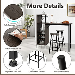 GOFLAME Bar Table and Chairs Set for 2, Counter Height Dining Table Set with Shelves, Cup Holder & Wine Rack, Breakfast Table & Chair Set, 3-Piece Pub Table Set for Kitchen, Dining Room
