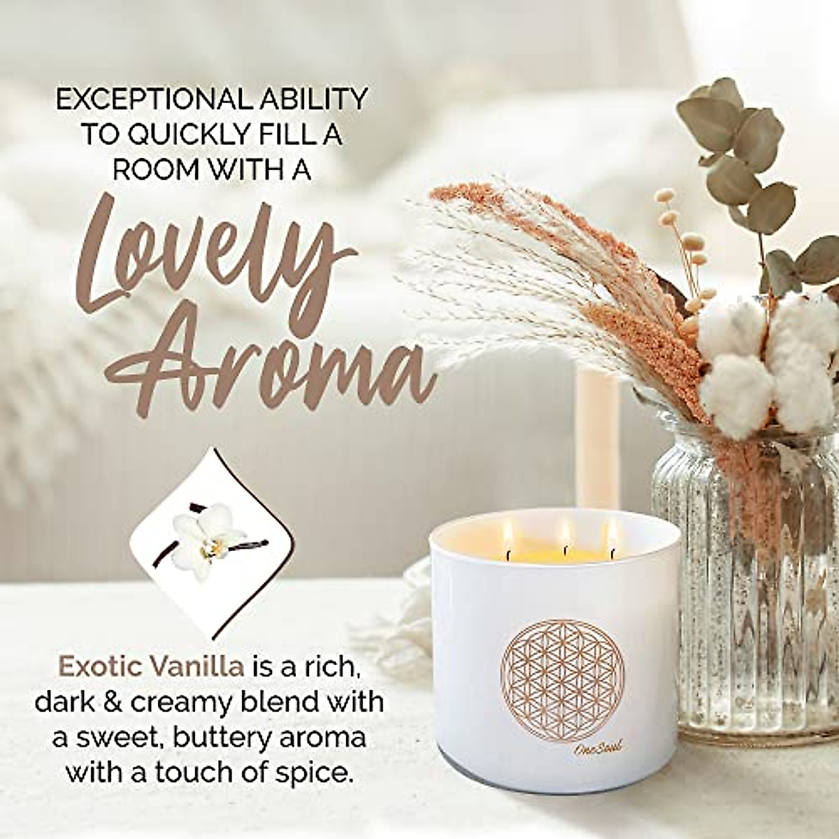 Large Exotic Spiced Vanilla Candle, Scented Candles for Home, Hand-Poured Aromatherapy 3 Wick Candle for Gift with Flower of Life Design, 50-Hour Burn Time, 14oz OneSoul Collection
