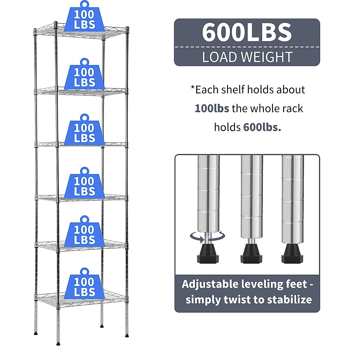 YYkokocat 6-Shelf Adjustable Storage Shelves 600Lb Capacity Metal Wire Shelving Unit Storage Rack for Kitchen Bathroom Corner Shelf Organizer for Small Space, 16.7D x 11.8W x 63H, Chrome