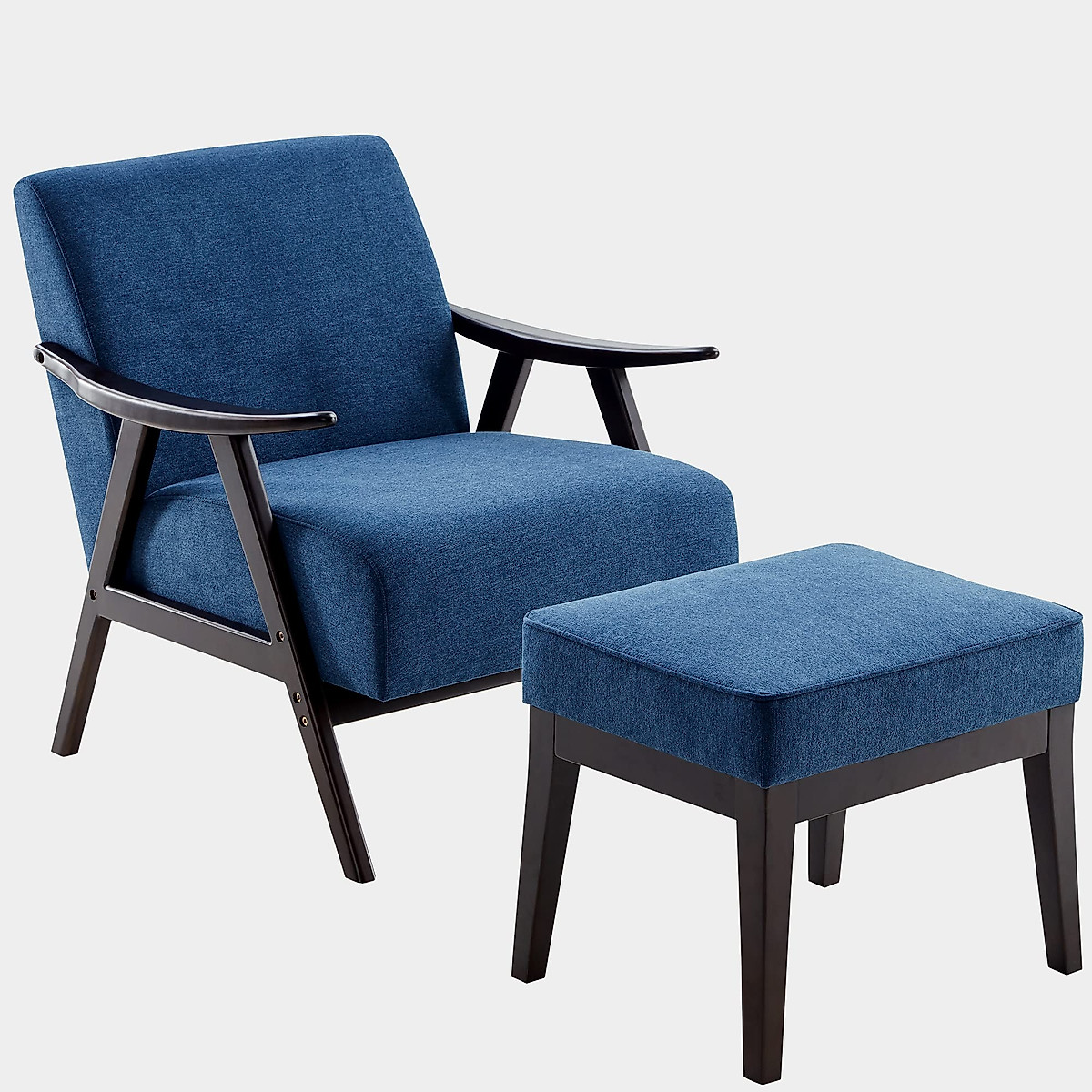 Batohom Solid Wooden Armchair with Ottoman,Mid Century Modern Chair and Footrest,Upholstered Club Chair and Ottoman Set,Comfy Reading Tufted Accent Chair for Bedroom,Side Living Room Chair (Blue)