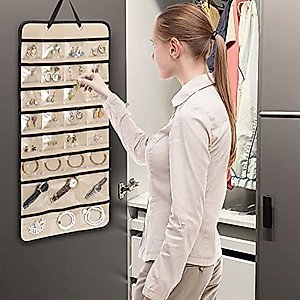 Lolalet Hanging Jewelry Organizer Necklace Organizer, Double Side Large Jewelry Holder Necklace Hanger with Pockets and Metal Hooks for Earrings, Bracelets, Watches on Closet Wall Door -1 Pack,Black