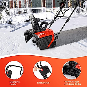 Safstar Snow Blower, Electric Snow Thrower with 180° Chute Rotation & 2 Transport Wheels, 10” Clearing Depth & 18” Width, Power Snow Blower w/30 Feet Throwing Distance, 720Lbs /Minute (Red)