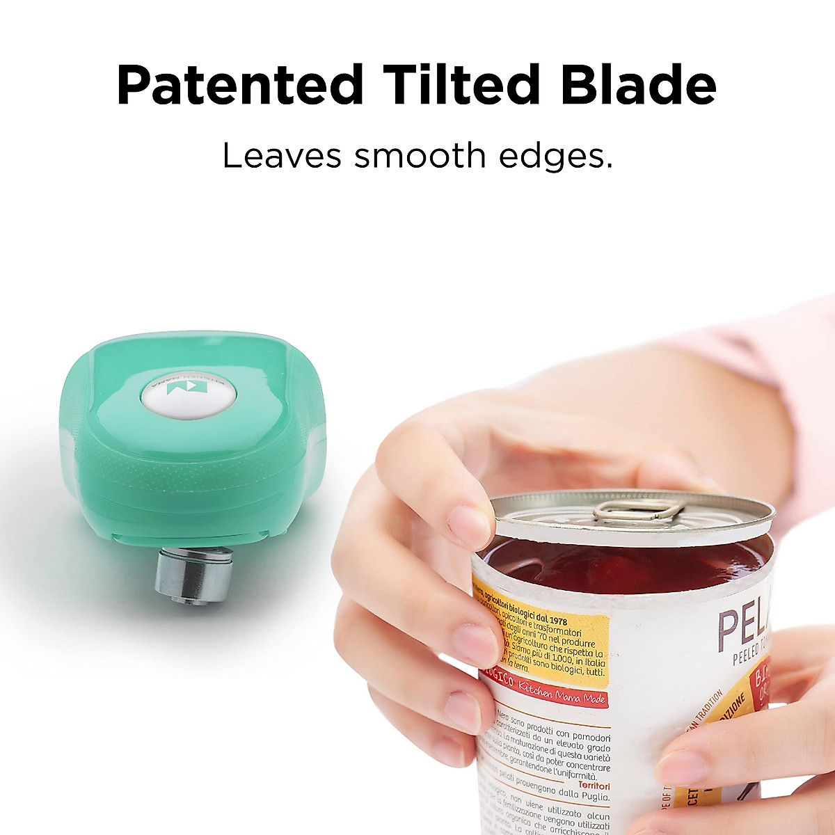 Kitchen Mama One Touch Electric Can Opener: Open with Simple Press of A Button - Auto Stop As Task Completes, Ergonomic, Smooth Edge, Food-Safe, Battery Operated (Teal)