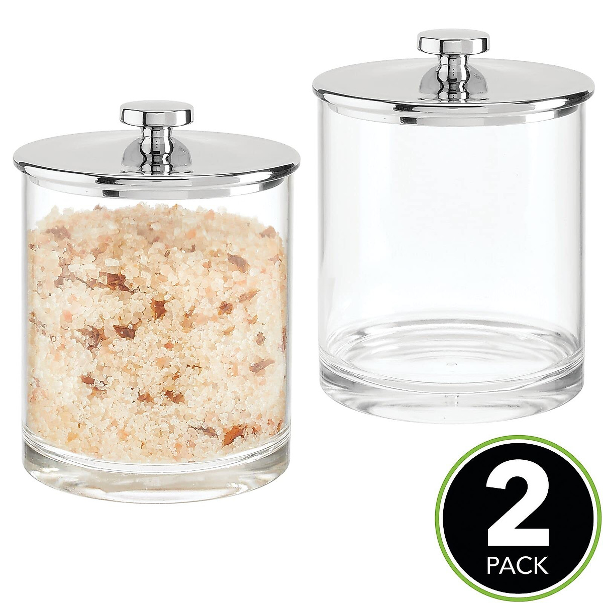 mDesign Medium Modern Apothecary Storage Organizer Canister Jars - Acrylic Containers for Bathroom, Organization Holder for Vanity, Counter, Makeup Table, Lumiere Collection, 2 Pack, Clear/Chrome