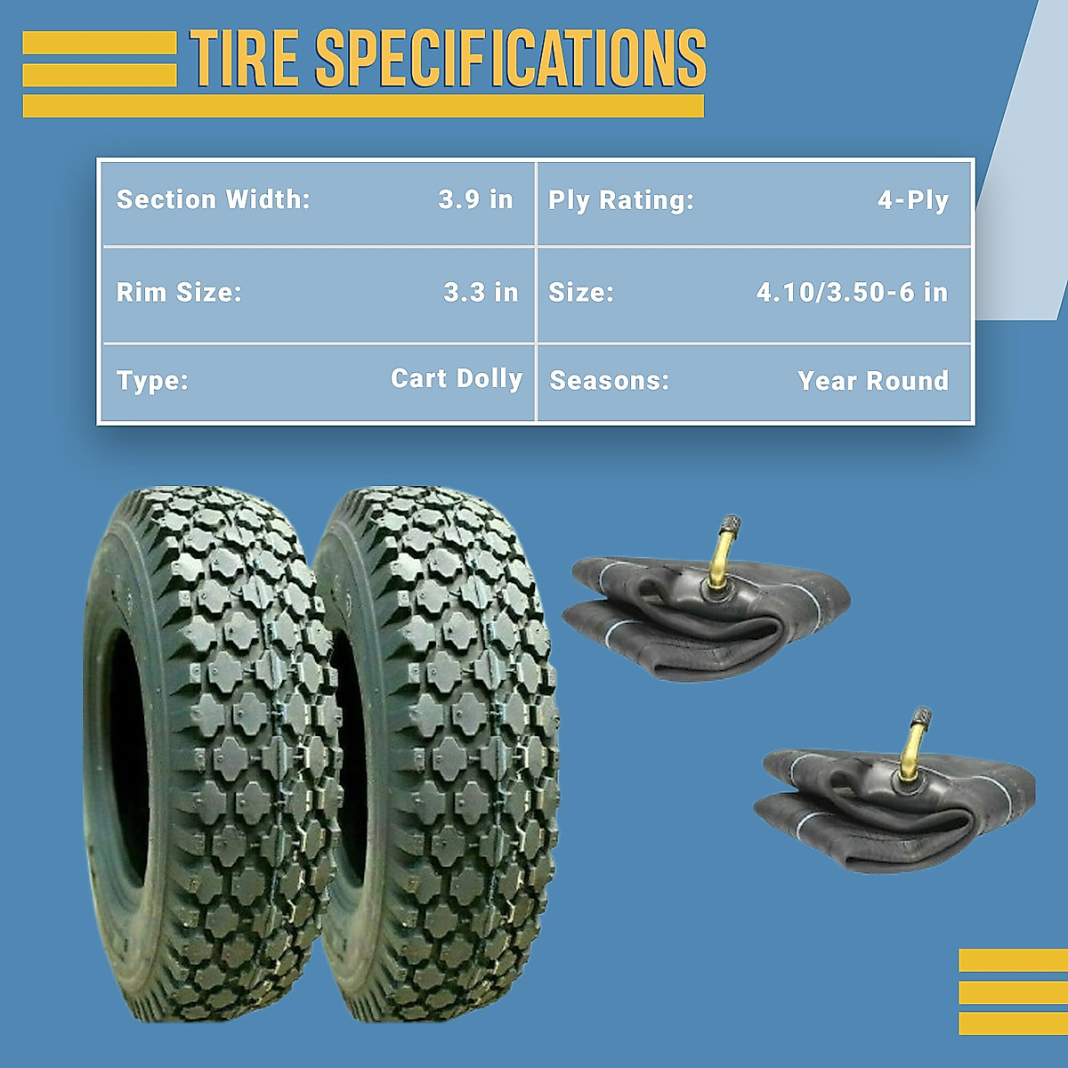 Two New 4.10/3.50-6 Stud Tires with Tr87 Bent Stem Tubes Cart Dolly 410/350-6, Enhanced Traction and Durability, Complete Tire Solution for Cart and Dolly Enthusiasts