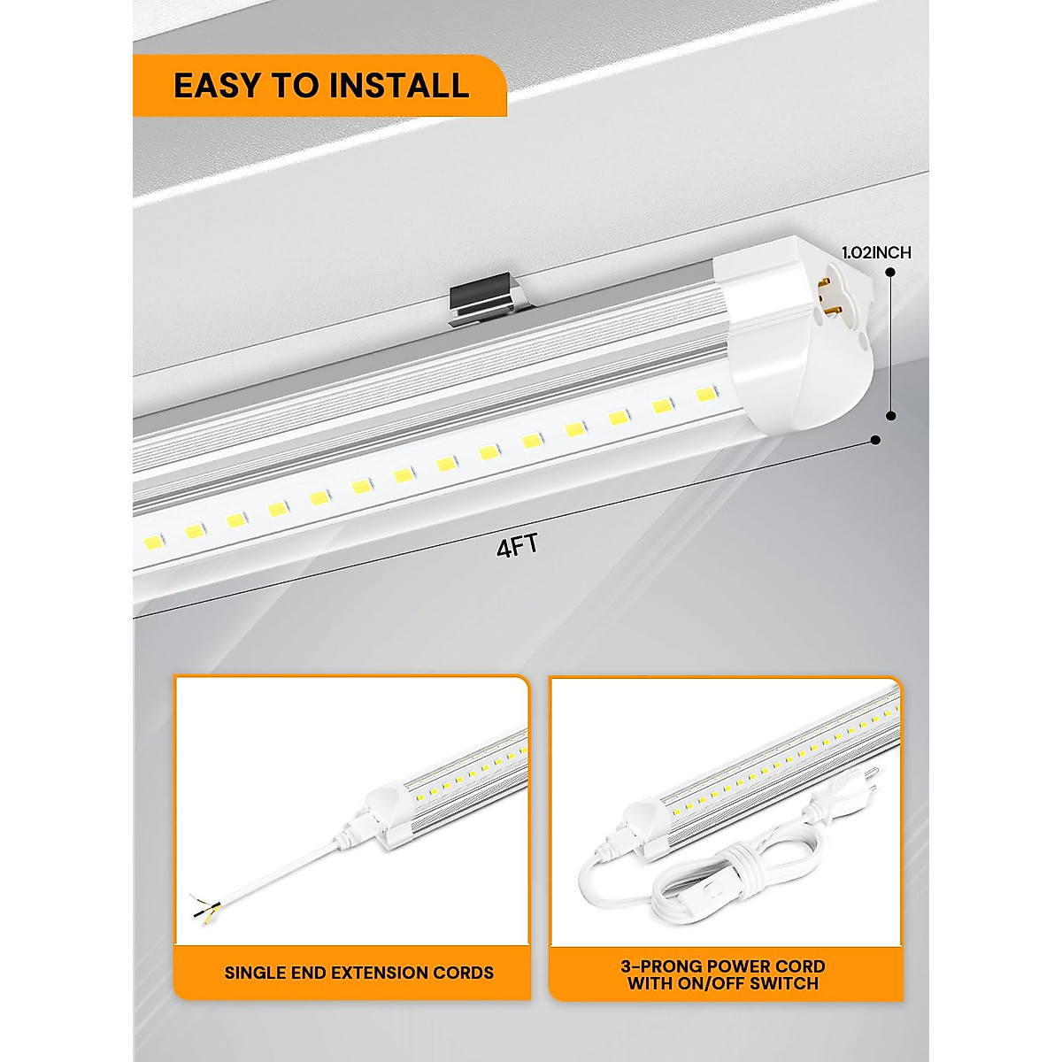 ONLYLUX LED Shop Light, 4ft 36W 5000lm 6500k Shop Lights, 4 Foot Led Light Fixture, T8 Led Tube Lights for Garage, V Shape High Output Linkable (10 Pack)