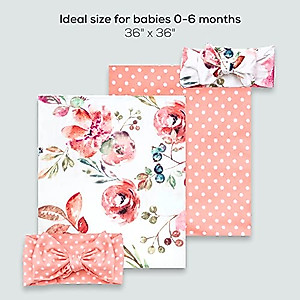 First Landings Newborn Swaddle Set - Matching Headband and Baby Blanket (Set of 2 Each) 36" x 36" Receiving Baby Blanket Boy and Girl - for Newborn Photography, Nursing Covers, Burp Cloths (Rose)
