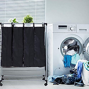 4 Laundry Sorter with Baskets Large Laundry Hamper Sorter Canvas Rolling Laundry Sorter Cart with Wheels 4-Bag Heavy Duty Removable Bags Brake Casters Organizer for Laundry Room Silver Plating,Black