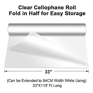 MAOUYWIEE 1 Roll Clear Cellophane Wrap Roll 33'' x 115' Ft, 3 Mil Thick Clear Cellophane Wrapping Paper | Wrap Roll | Cellophane Roll | Cellophane Wrap for Gifts, Baskets, Flowers