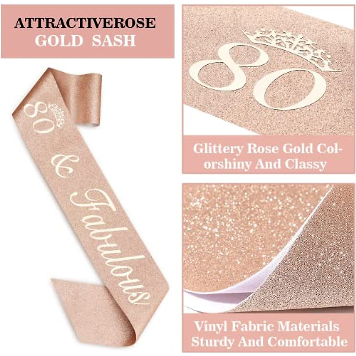 80th Birthday Decorations for Women, Including 80th Birthday Crown, Sash, Cake Topper, Candles and a Compact Mirror, Rose Gold Not A Day Over Fabulous 80th Birthday Gifts for Women