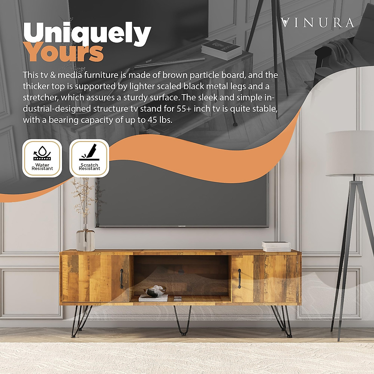 Industrial Media Console Television Stands - Particle Board and Metal TV Stand with Storage - TV & Media Furniture in Brown - TV Stand for 65 Inch TV for Living Room - Home Entertainment Center