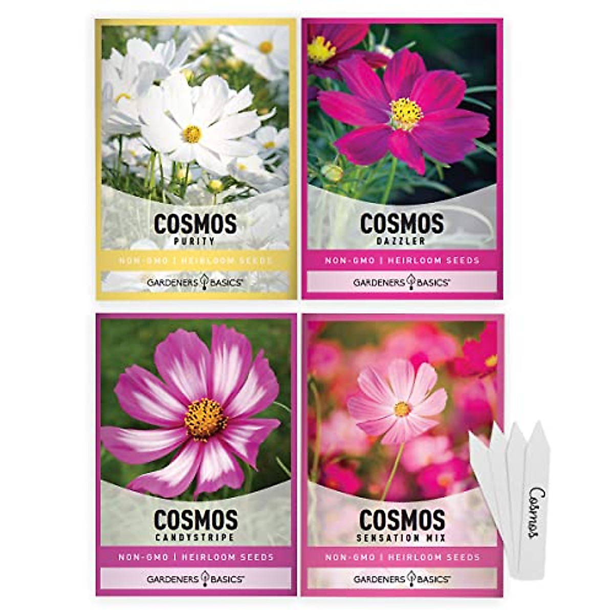 Cosmos Seeds for Planting Outdoors Flower Seeds (4 Variety Pack) Cosmos Candystripe, Sensation Mix, Dazzler, Purity Pink and White Varieties for Bees, Pollinators Wildflower Seed by Gardeners Basics