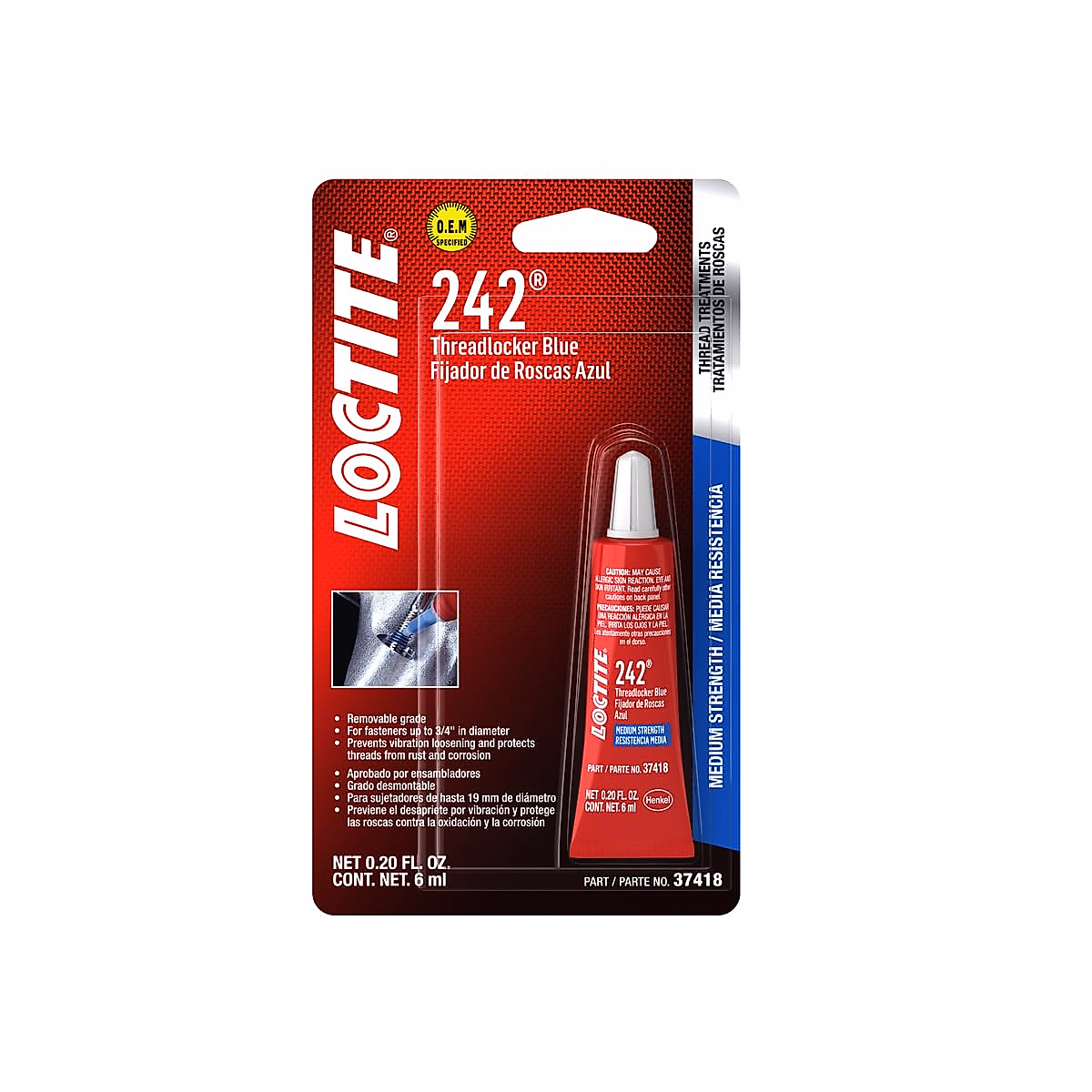 LOCTITE 242 Threadlocker for Automotive: High-Temp, Medium-Strength, Anaerobic | Red, 6mL Tube (PN: 37418 - 487229)