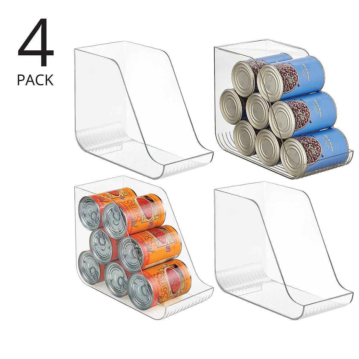 mDesign Plastic Kitchen Storage Organizer Container Bins for Pantry, Fridge, Freezer Organization - Holds Canned Food, Soup Can, Soda Water Bottle - Ligne Collection, 4 Pack - Clear
