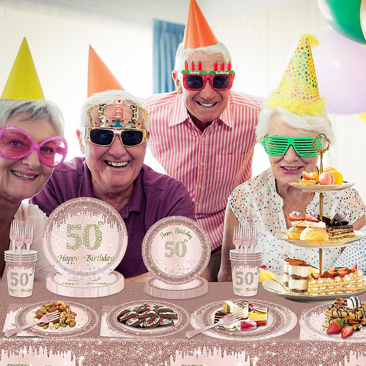 121Pcs 50th Birthday Party Supplies Plates Napkins Cups Forks Tablecloth Rose Gold Happy 50th Birthday Themed Disposable Tableware Decorations Serves 24 Guests for Women 50 Years (50th rose gold)