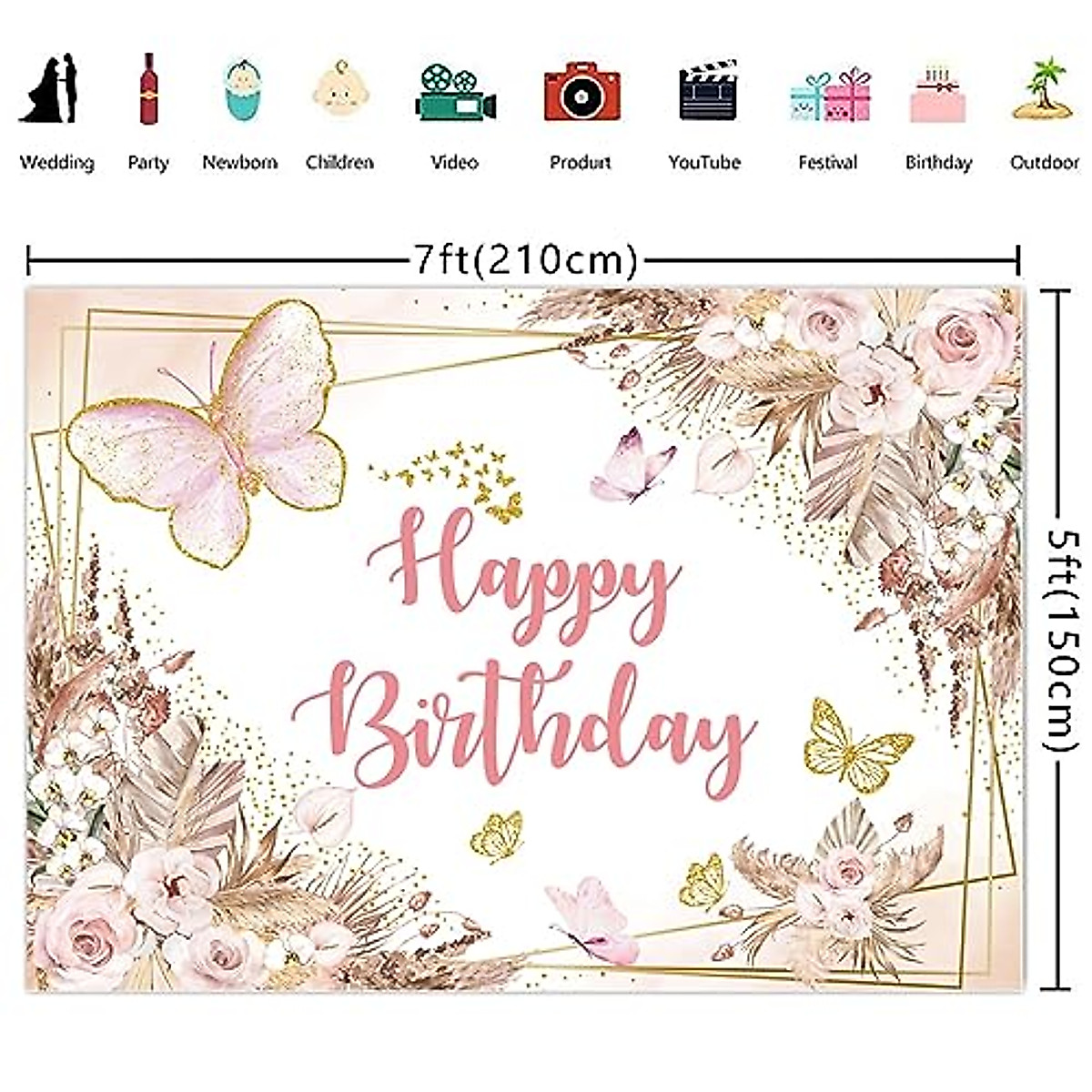 Wollmix Butterfly Happy Birthday Banner Backdrop Decorations 7x5ft Party Sweet 16 Girls Women Pink Florals Flowers Gold Dots Photography Background Supplies Photo Booth Studio Cake Table
