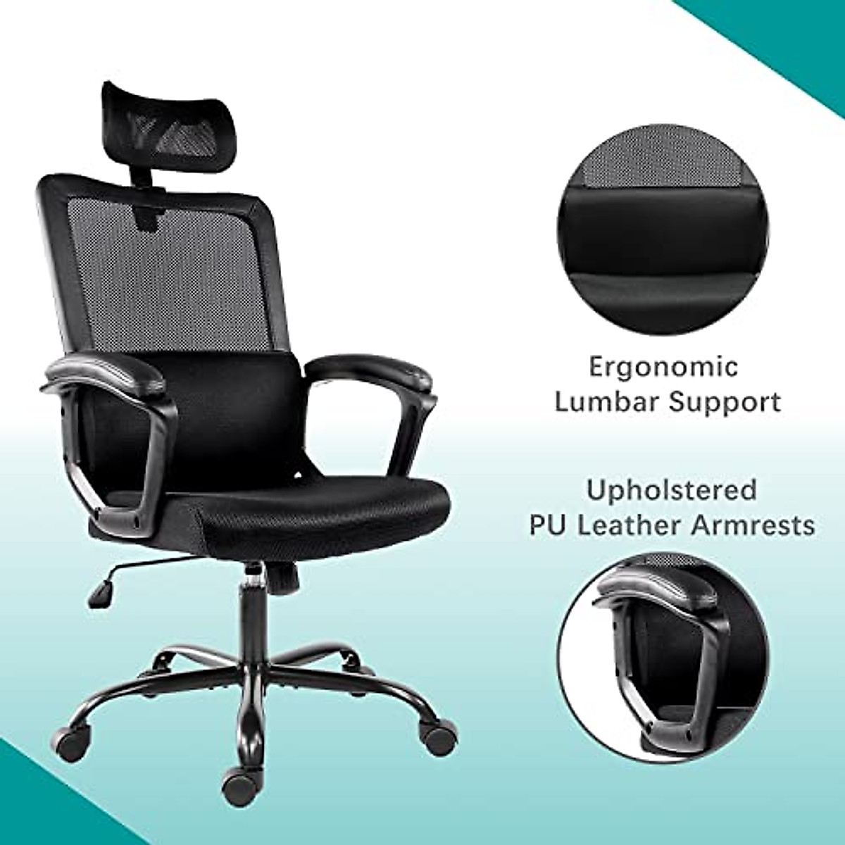Office Chair, Ergonomic Mesh Desk Chair, High Back Swivel Task Executive Computer Chair Padding Comfy Armrests with Adjustable Headrest Lumbar Support
