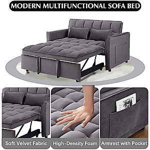 SPOWAY 3 in 1 Sleeper Sofa Couch Bed, Velvet Convertible Sofa Bed with Armrests, Storage Pockets & 2 Pillows, Modern Sofa Bed Couch for Living Room Apartment Bedroom Office, Dark Grey