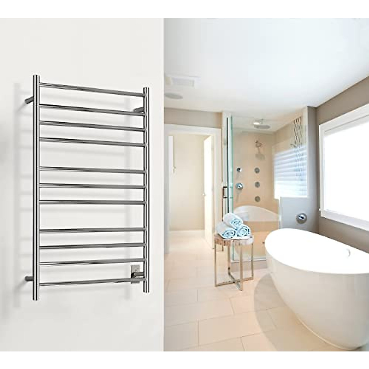 WarmlyYours Polished Radiant Electric Heated Towel Warmer, 11 Bar, Hardwired, Overheat Protection, Integrated On/Off Switch, Stainless Steel