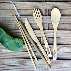 Bamboo Travel Utensil Set | Bamboo Fork, Knife, Spoon, Chopsticks, Straw, Straw-cleaning brush, Travel Pouch and Carabiner | Excellent For Everyday Use! ((1Set) Midnight Black)