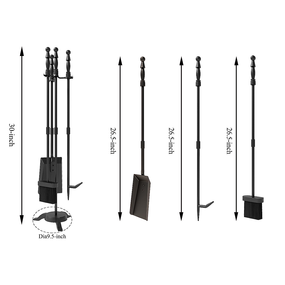 Fire Beauty Fireplace Tools Set 4 Pieces Black Wrought Iron Fire Tool Set for Outdoor/Indoor Include Poker, Shovel, Brush and Stand Accessories Set