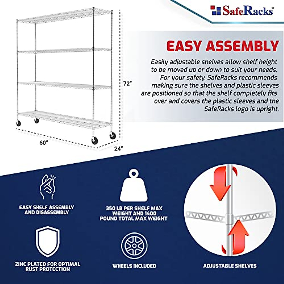 SafeRacks NSF Certified Storage Shelves, Heavy Duty Steel Wire Shelving Unit with Wheels and Adjustable Feet, Used as Pantry Shelf, Garage or Bakers Rack Kitchen Shelving - (24"x60"x72" 4-Tier)