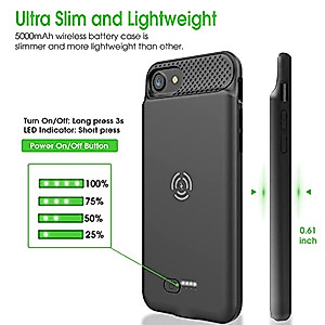 GIN FOXI Wireless Battery Case for iPhone 8/7/6s/6/SE 2020/SE 2022, Slim 5000mAh QI Wireless Charging Battery Case Protective Rechargeable Battery Charging Case for iPhone SE/8/7/6s/6-4.7"