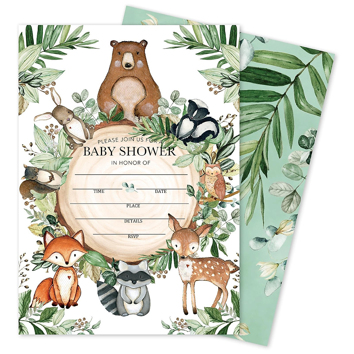 Whaline 25 Sets Woodland Baby Shower Party Invitations with Envelope Stickers Watercolor Forest Animal Greenery Invitation Cards Blank Invites for Baby Shower Birthday Party Supplies, 5 x 7 Inch