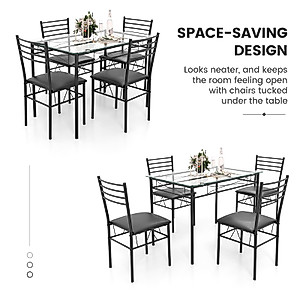 NAFORT 5-Piece Dining Table Set for 4, Modern 3/8’’ Tempered Glass Kitchen Room Table with 4 Upholstered Dining Chairs, Space-Saving Dinette Tables with Metal Frame for Apartment, Office