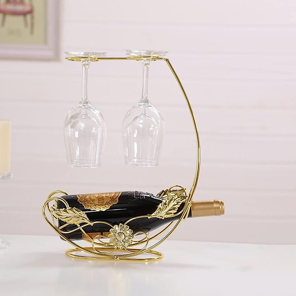 Homya Tabletop Wine Rack, Metal Fine Forged Wine Glass Holder, Kitchen Bar Wine Glass Display Holder, Holds 1 Wine Bottle and 4 Wine Glasses, Table Wine Bottle Accessories, Gold