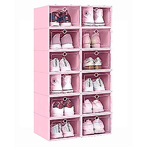 KPX 12 Pack Stackable Shoe Storage Organizer Plastic with Lid, Clear Shoe Boxes Drop Front, Shoe Containers Bins for Men’s Sneaker Women’s High Heels – Easy to Assemble (Pink)