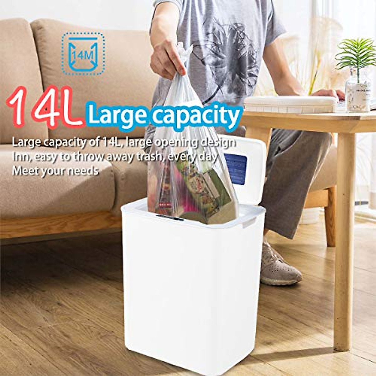 INFURIDER Automatic Plastic Trash Can with Lid, 3.7 Gallon/14L Touchless Intelligent Induction Motion Sensor Dustbin Garbage Waste Bin for Home Bedroom Kitchen(White)