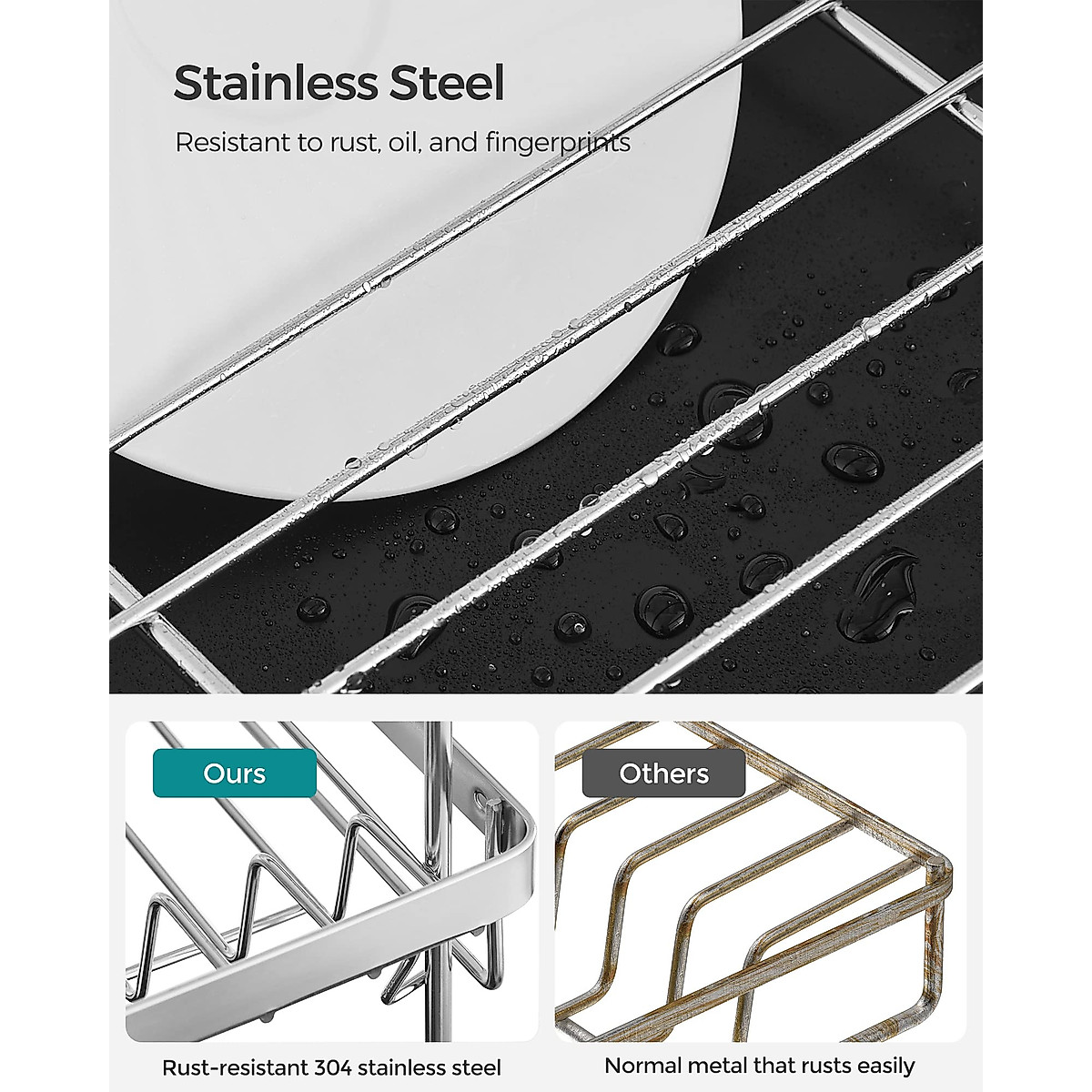 SONGMICS Dish Drying Rack - 2 Tier Dish Rack for Kitchen Counter with Rotatable and Extendable Drain Spout, Dish Drainer with Utensil, Cup, Glass, Cutting Board Holders, Black UKCS032B01