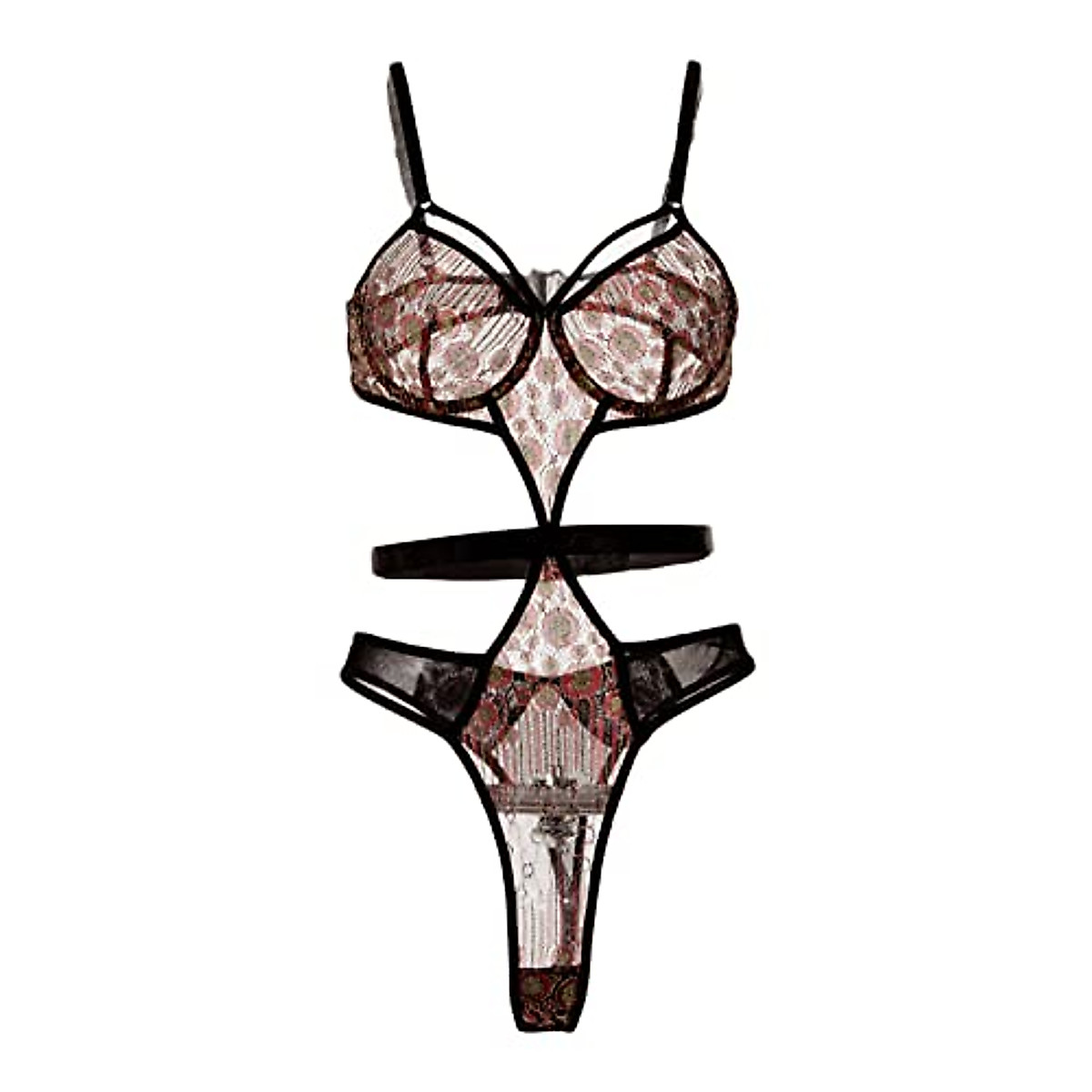 Maiyifu-GJ Women Deep V One Piece Lingerie Bandage Halter Teddy Babydoll Mini Bodysuit Hollow Backless High Cut Underwear (Red,Medium)