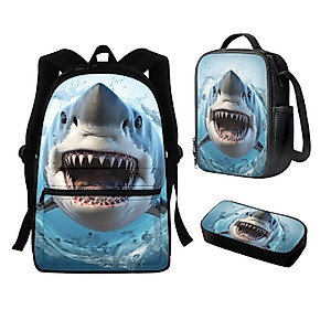 WELLFLYHOM Shark Elementary Backpack for Girls with Lunch Box Pencil Case School Back Packs Bookbag for Boys Women Large Schoolbags Bagpack Rucksack Travel Outdoor Daypack Satchel