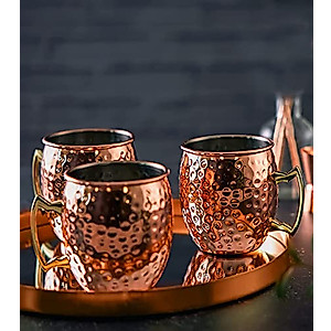 Copper Cure Moscow Mule Mugs | Large Size 19 ounces | Set of 4 Hammered Cups | Stainless Steel Lining | Pure Copper Plating | Gold Brass Handles Gift Pack