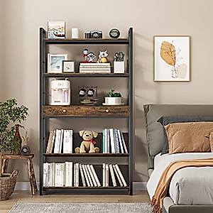 YAOHUOO Bookshelf with 2 Drawers-31.5” Widen Industrial Book Shelf with Bookend, 5 Tiers Tall Storage Shelves, Steel Frame Display Rack, Suitable for Bedroom,Office,Living Room,Bathroom