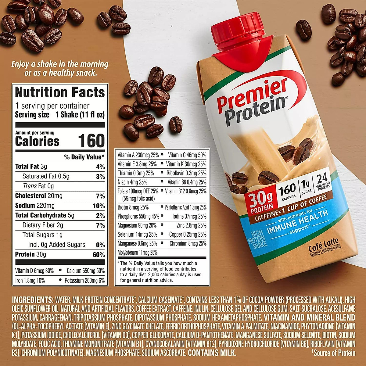 Premier Protein High Protein Shakes Variety Sampler Pack 11 Fl. Oz Each - Cafe Latte, Chocolate, Vanilla, Caramel - 2 of Each Flavor (8 Pack) in The Award Box Packaging
