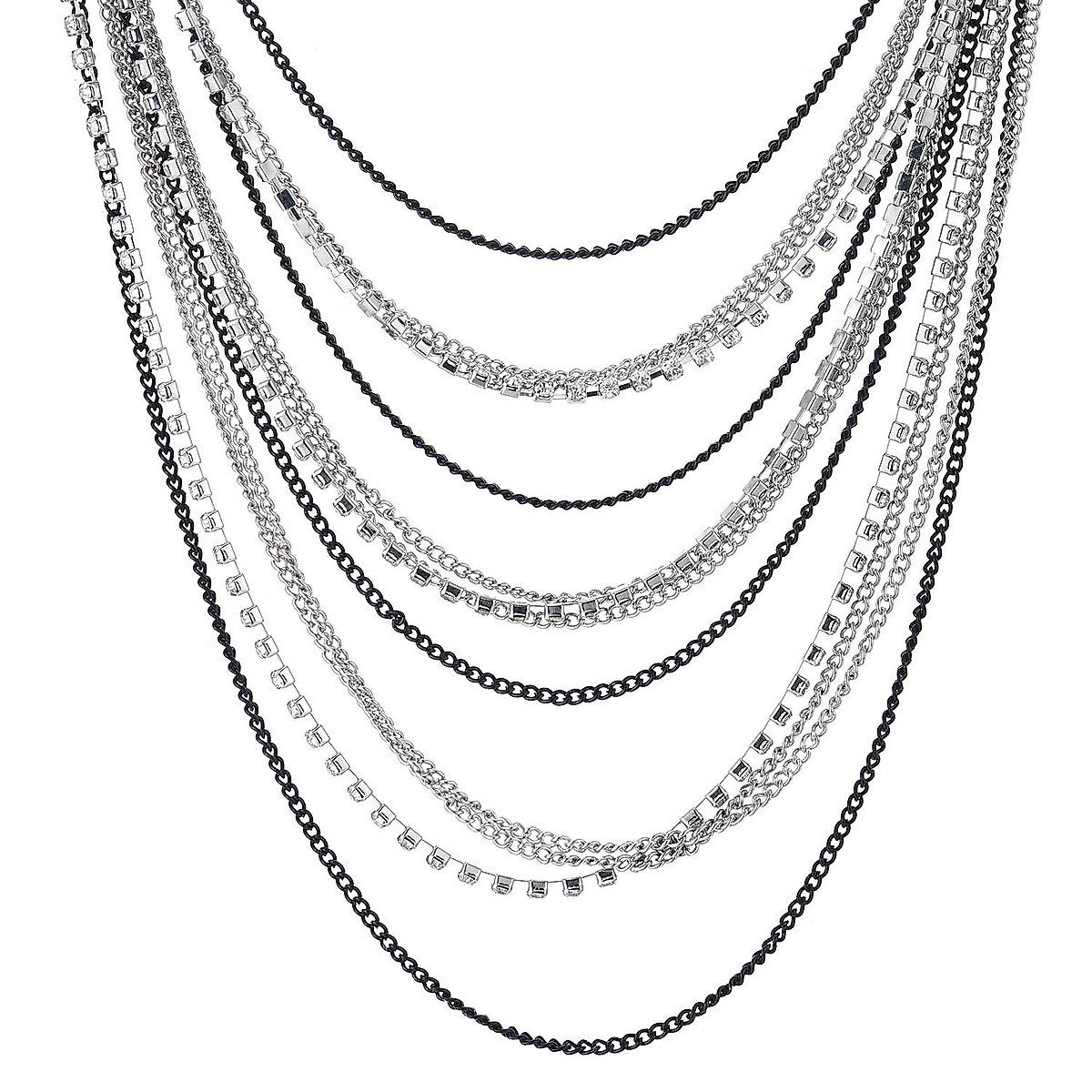 COOLSTEELANDBEYOND Black Silver Waterfall Multi-Strand Long Layered Chains Statement Collar Necklace with Rhinestones