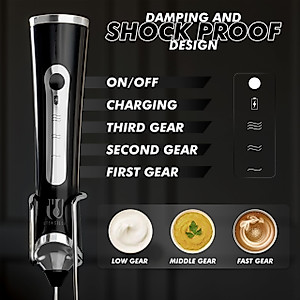 Rechargeable Handheld Milk Frother - Electric Foam Maker - Portable Coffee Frother Wand with 2 Heads - Stainless Steel Electric Whisk for Coffee, Latte, Cappuccino, Macchiato, Hot Chocolate (Black)