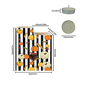 Black Pumpkins Stripes Candle Holder with Tea Light,Vintage Wood Tealight Candle Stick Holder Pillar Centerpiece,Heart-Shaped Wooden Candle Holders Set Fall Thanksgiving Sunflower Rustic Autumn Leaves