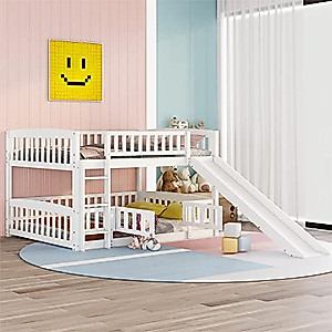 Harper & Bright Designs Full Over Full Low Bunk with Slide,Low Bunk Bed with Ladder,Wooden Bunk Bedframe with Fence for Toddler Kids Teens,No Box Spring Needed (White)