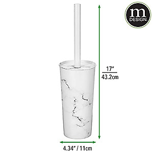 mDesign Metal Freestanding Slim Toilet Bowl Brush and Holder + Rectangle Narrow 5 Liter / 1.3 Gallon Step Pedal Trash Can Wastebasket for Bathroom - Small, Compact Design - Set of 2 - White Marble