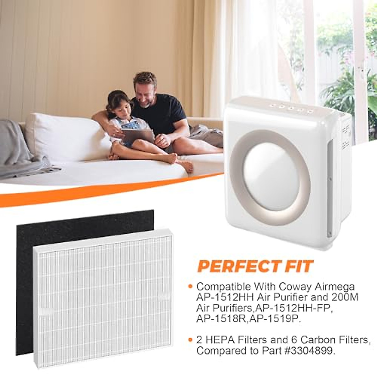 2 Pack AP-1512HH Replacement Filter for Coway Airmega Filter AP-1512HH 200M Coway Air Purifiers by Blutoget - AP-1512HH-FP AP-1518R AP-1519P-2 HEPA Filters and 6 Carbon Filters-Part #3304899