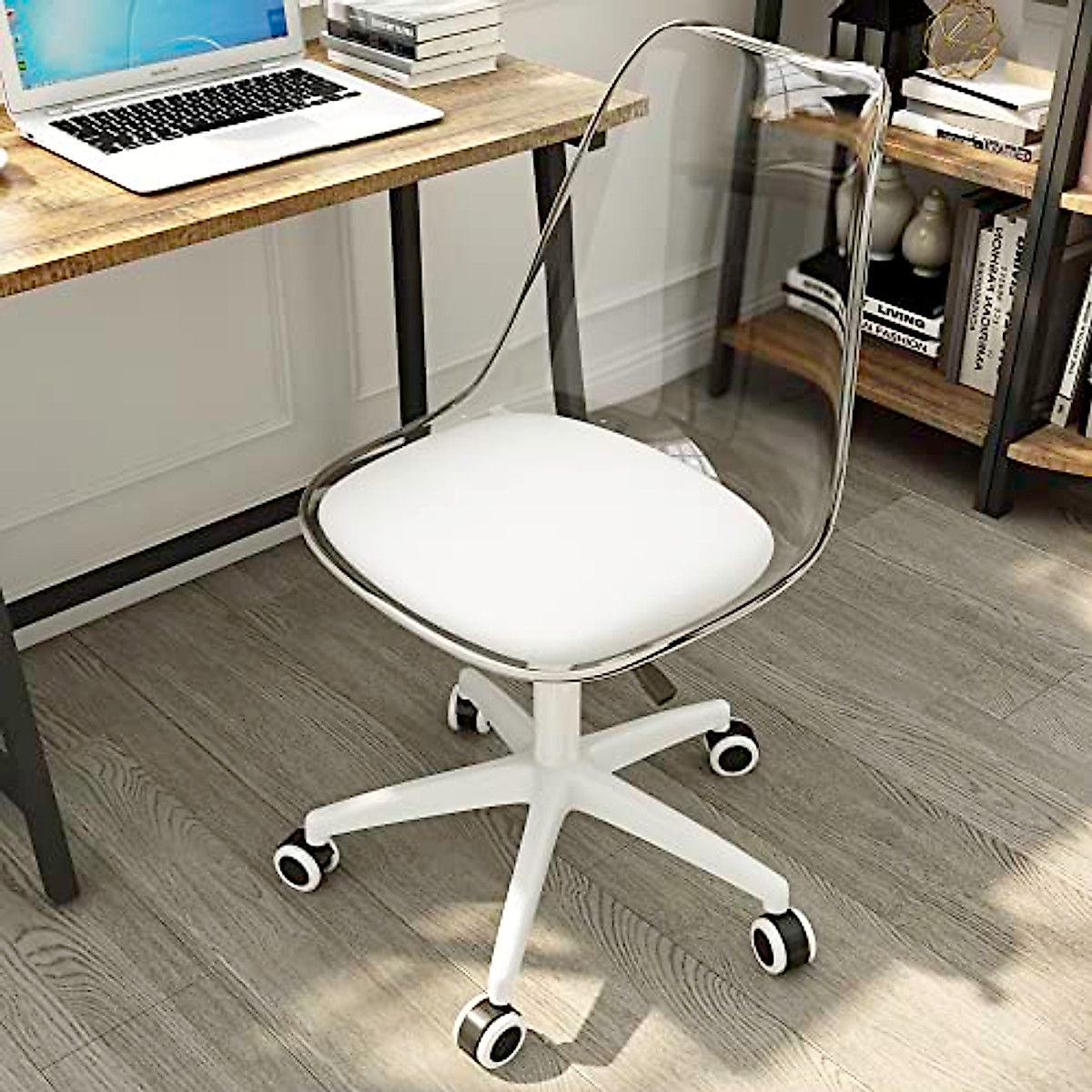 Clear Desk Chair, Plastic Home Office Chair, Acrylic Rolling Chair, Plastic Chairs for Office, Home, Make Up, Small Space, Bed Room (1, Clear/White Base)