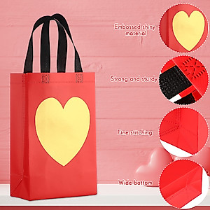 24 Pcs Valentines Day Reusable Gift Bags with Shiny Gold Heart Non Woven Gift Bags Goodie Bags 8 x 12 x 4 Inch Grocery Bags Shopping Bags for Birthday Wedding Valentines Party (Red)