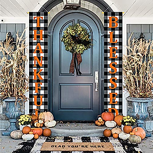 MATTTIME Thankful Blessed Porch Sign Thanksgiving Buffalo Plaid Door Hanging Banner Home Autumn Fall Black White Harvest Rustic Yard Decoration